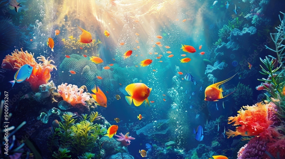 Majestic, fairy-tale fish swimming amidst a radiant underwater paradise ...