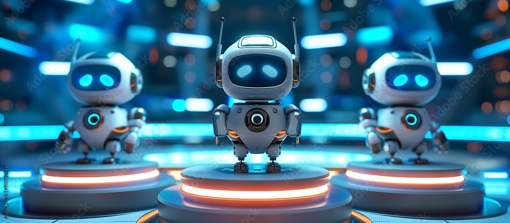Cute Robot Podium A 3D podium with cute, friendly robots, creating a ...