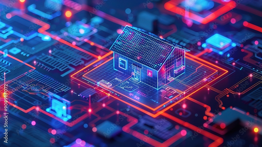 Smart Home: Integrated Living - A futuristic house glowing on a circuit ...