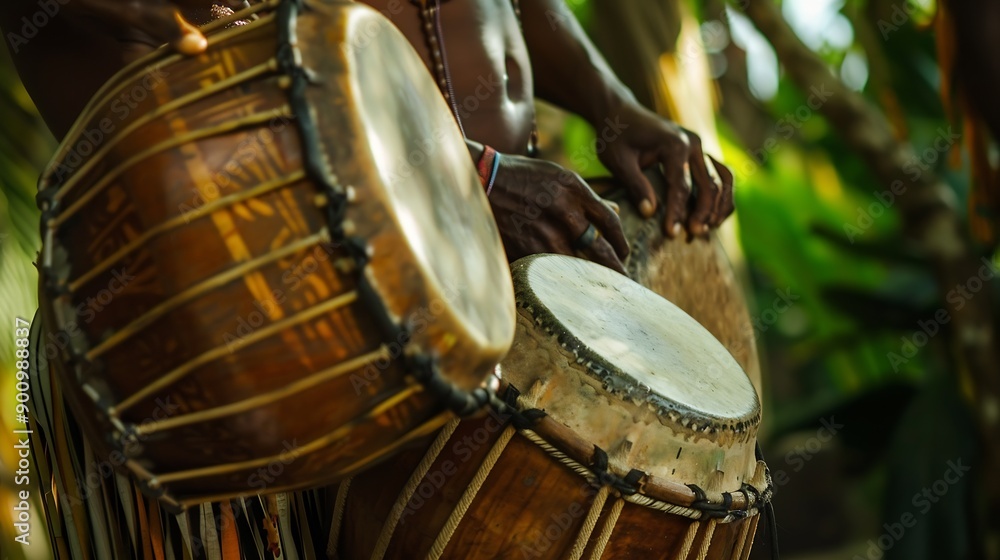 Drums called atabaque in Brazil being played during a ceremony typical ...