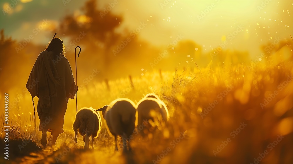 Shepherd Jesus Christ leading the sheep and praying to God and in the ...