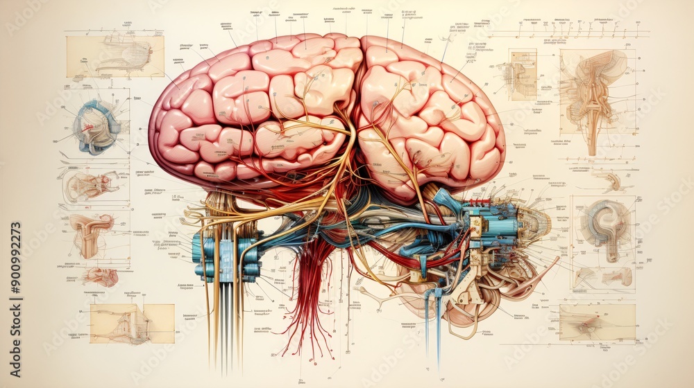 A digital illustration of the human brain with labeled parts and ...