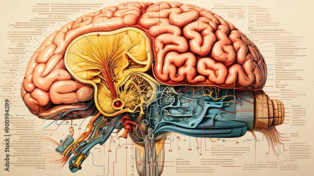A photo of a human brain with labeled regions for educational purposes ...