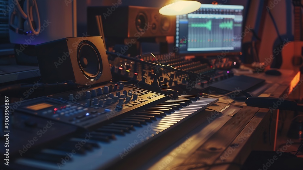 Empty studio at home equipped with mixing soundboard panel and other ...