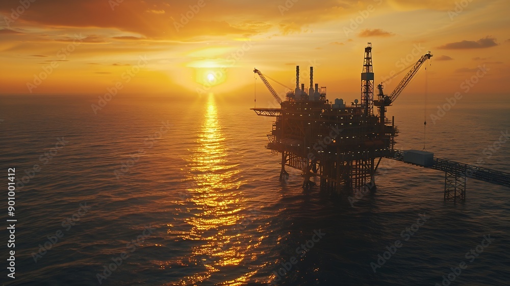 A huge yellow of offshore oil rig drilling platform in the gulf in ...