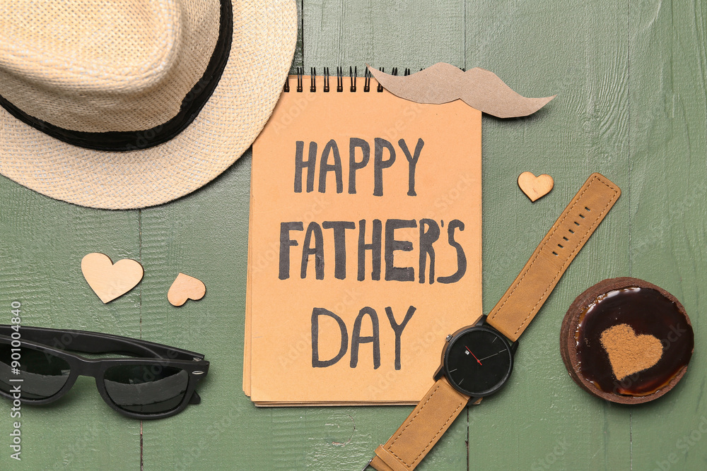 Notebook with text HAPPY FATHER'S DAY, male accessories and cake on ...
