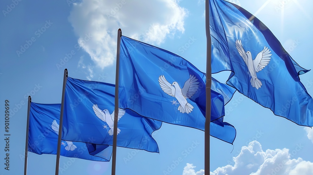 Three blue peace flags in a row printed with a dove with an olive ...