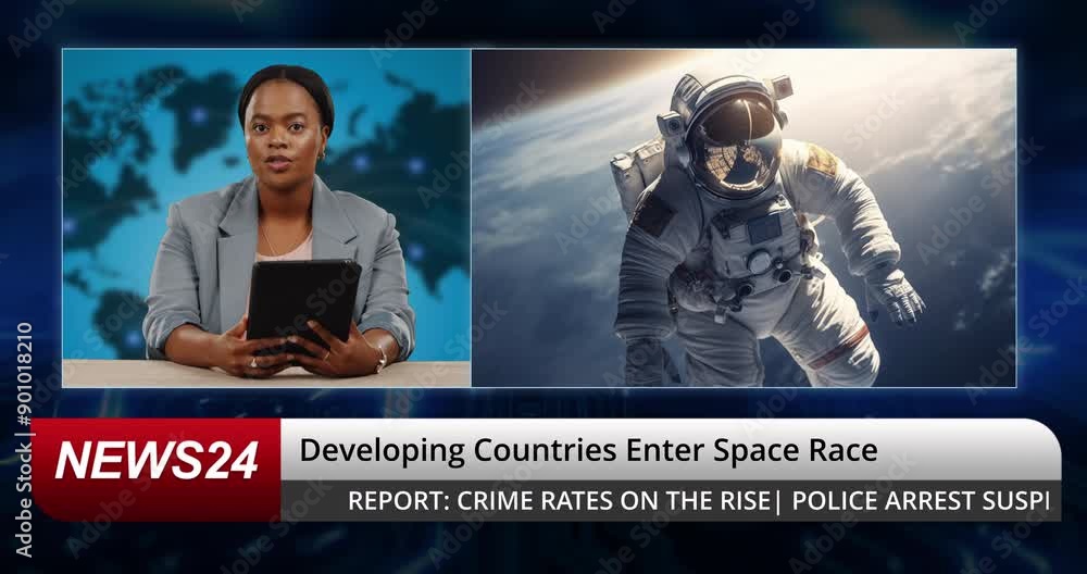 News, reporter woman and astronaut in space, tv studio and developing ...