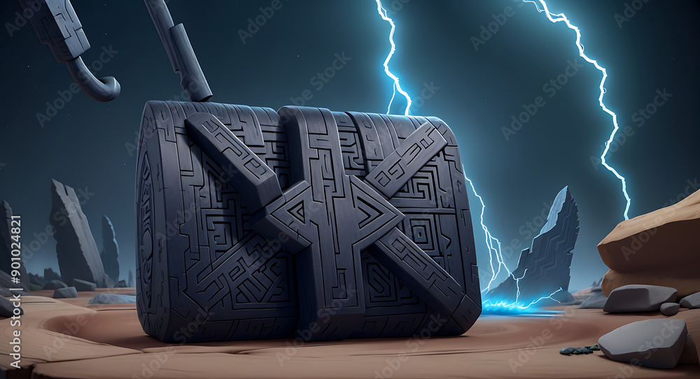 A powerful digital illustration of Thor's hammer, Mjölnir, adorned with ...