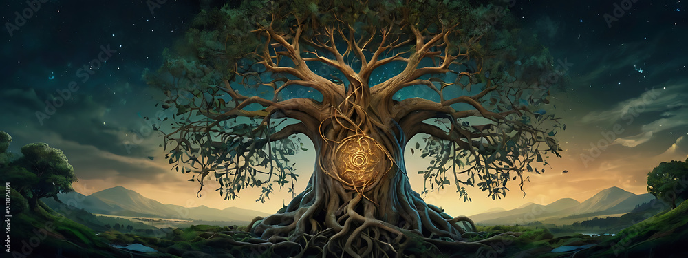 A majestic digital illustration of Yggdrasil, the Norse World Tree ...
