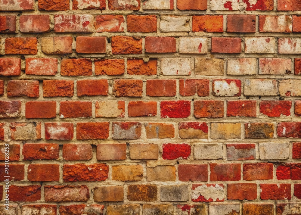 Rusty, weathered old brick wall with faded red paint, worn mortar, and ...