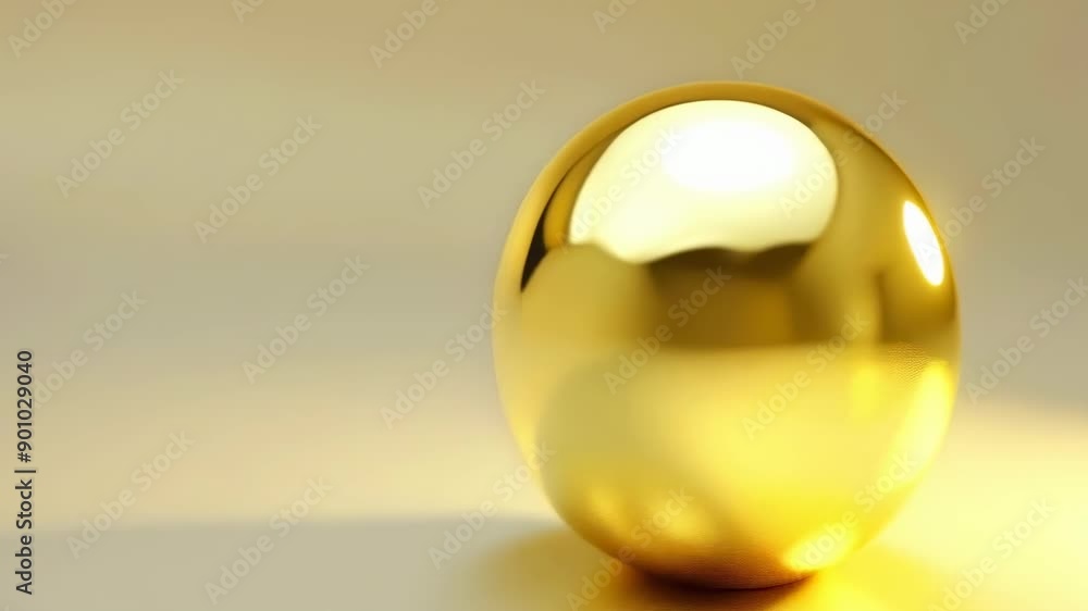 A perfectly spherical, shiny golden ball rests on a smooth surface. The ...