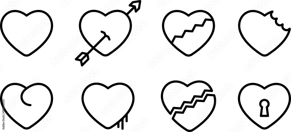 Set of outline broken heart icons isolated on white background. Line ...