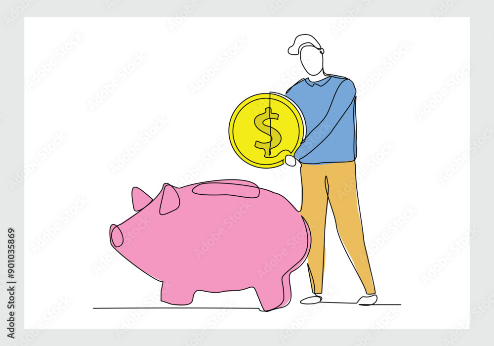 Continuous single line sketch drawing of business man save coin in ...