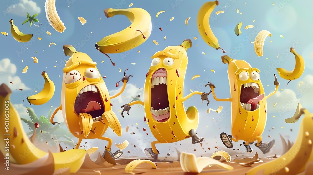 Cartoon bananas with faces and limbs are running on a yellow floor ...