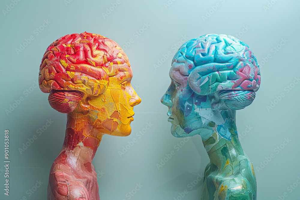 Rational and irrational thinking concept between two people. Two heads ...