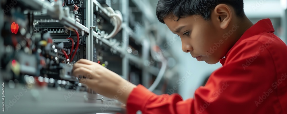 IT technician setting up a new computer system while pupils observe ...