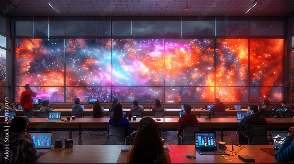 Crisp, clear photo of a college tech hub with AI and VR integration ...