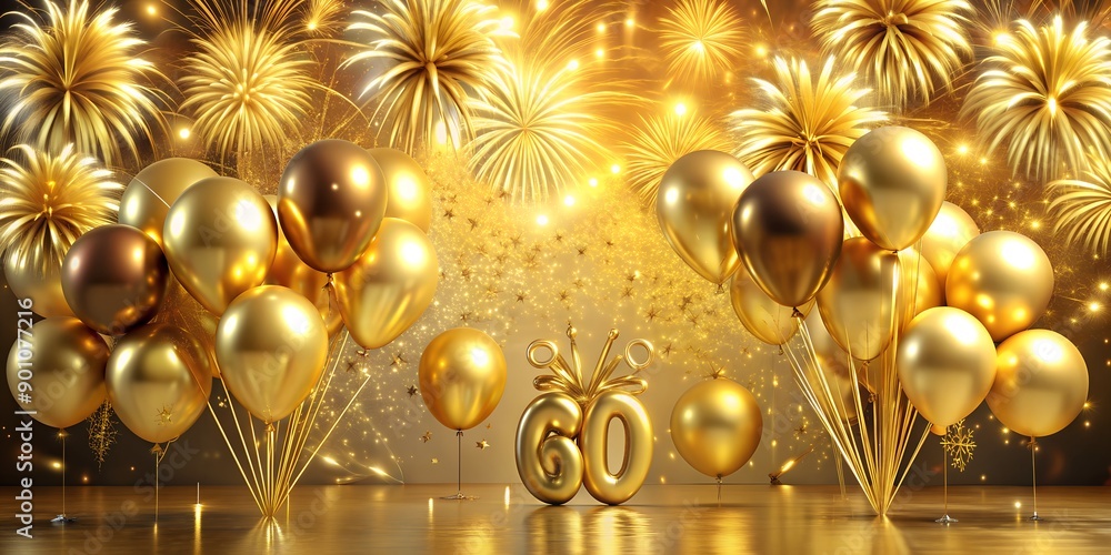 60th Birthday backdrop poster flyer 3d render illustration in gold with ...