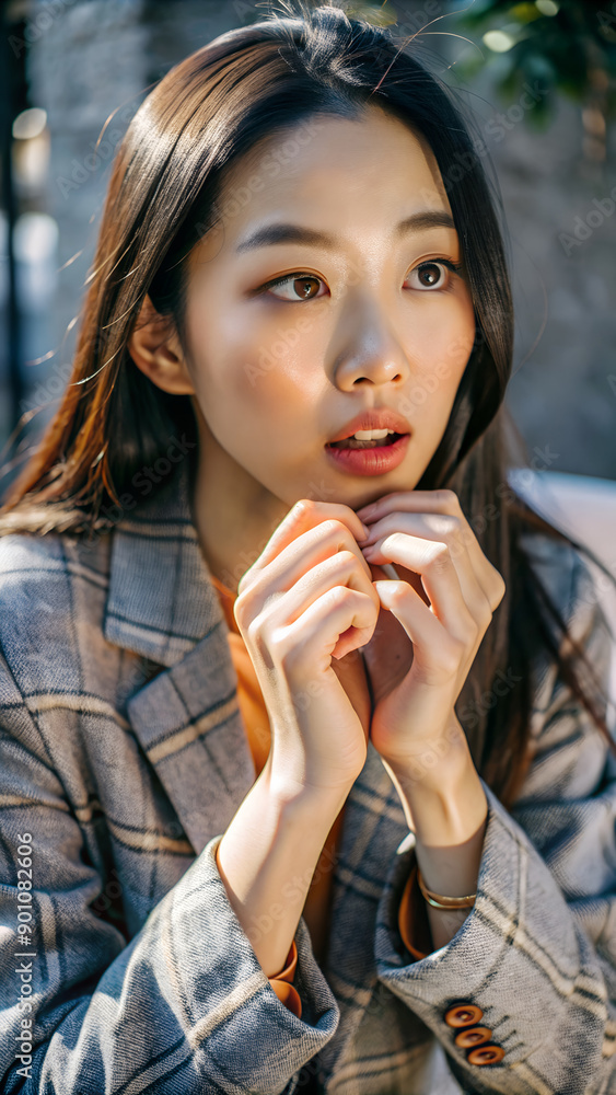 Beautiful young Asian woman glancing sideways with a worried expression ...