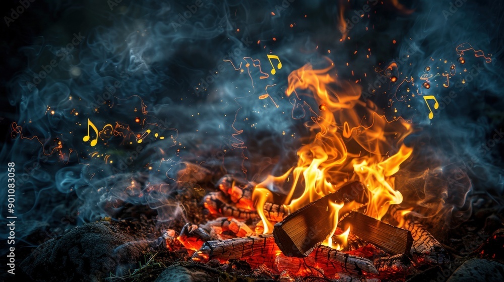 A campfire with traces of a song rising in the smoke, where the flames ...