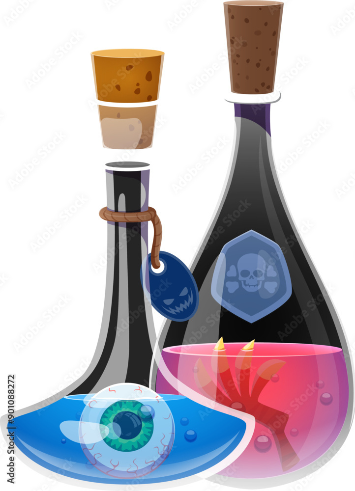 Cartoon Halloween potion bottles with eyeball and monster paw floating ...