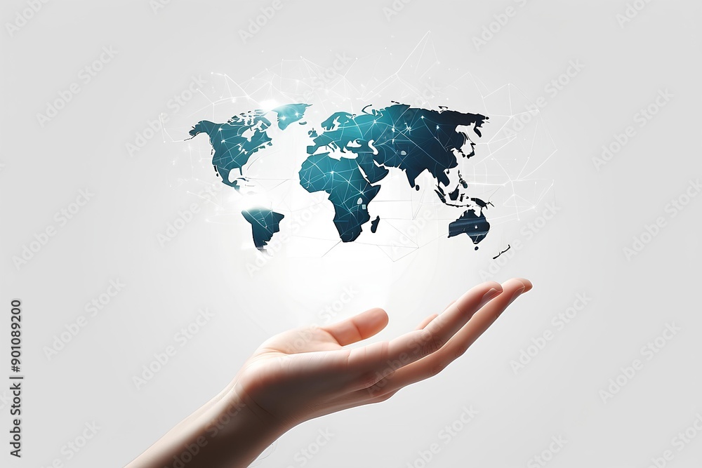 Global Connection: A hand delicately cradles a stylized world map ...
