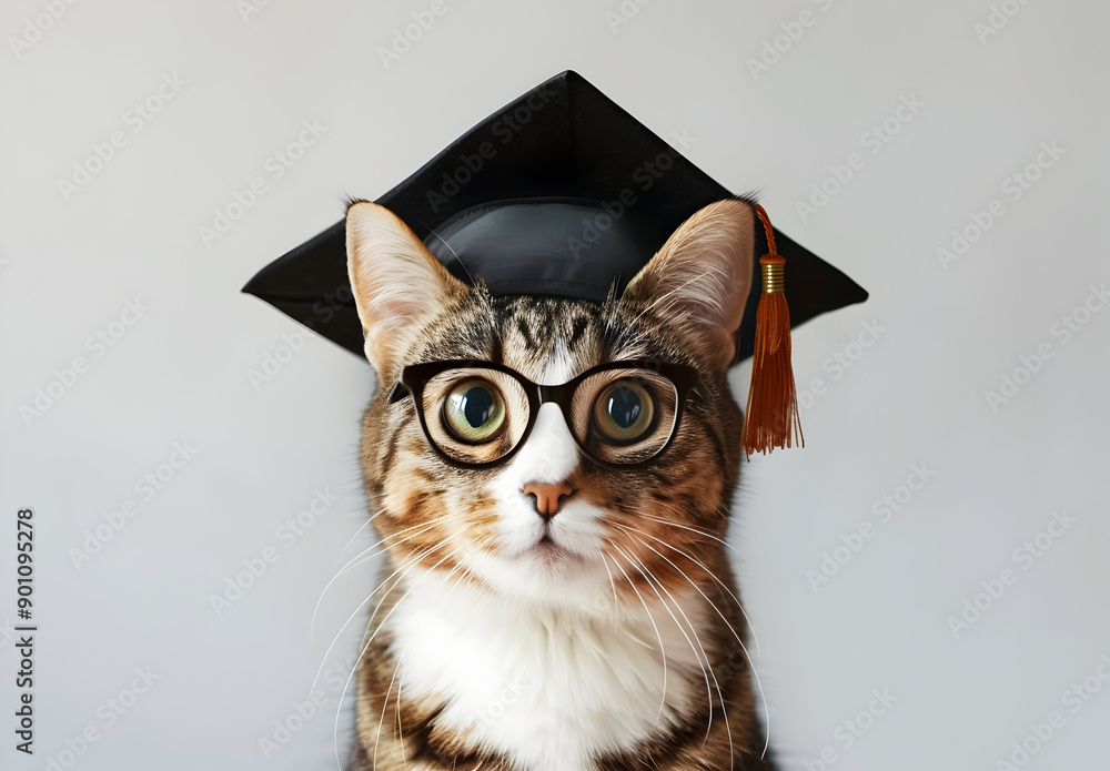 Cute tabby cat wearing graduation cap and eyeglasses; perfect for ...