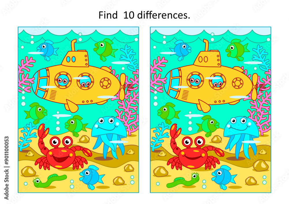 Difference game with submarine in underwater scene of sea life. Find 10 ...