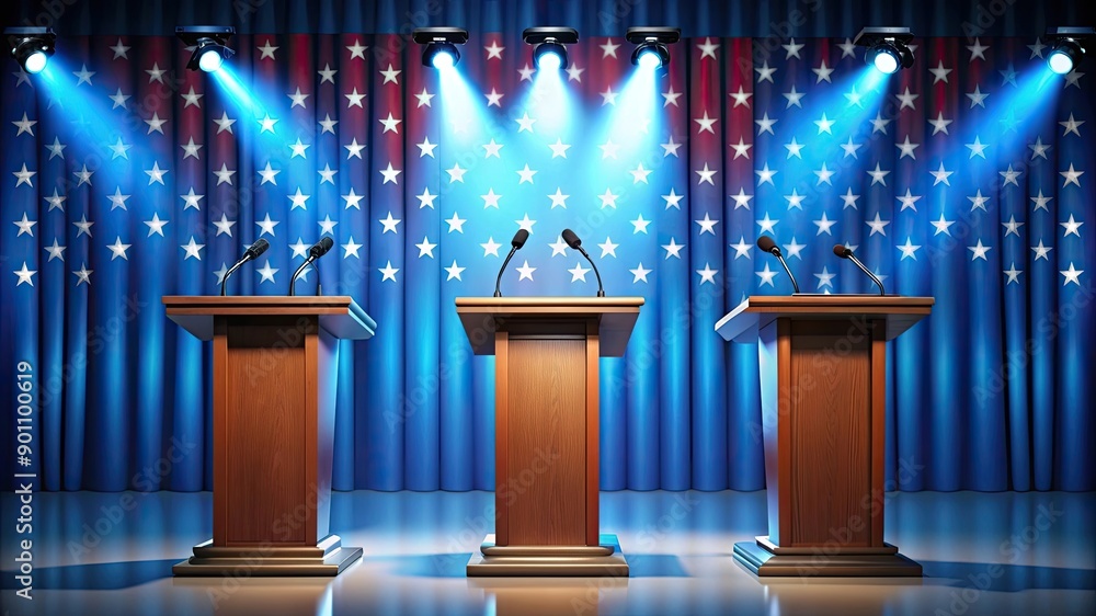 Debate or speech stage with microphones under a spotlight. Business ...