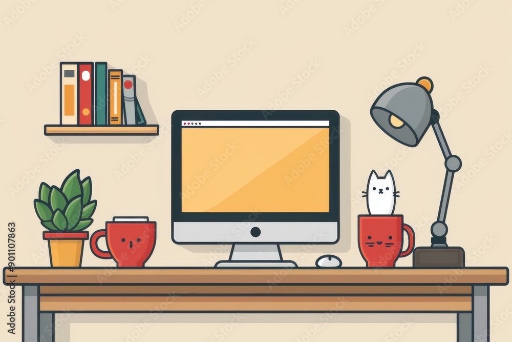 Cartoon office desk with computer, lamp, and cat-themed items Stock ...