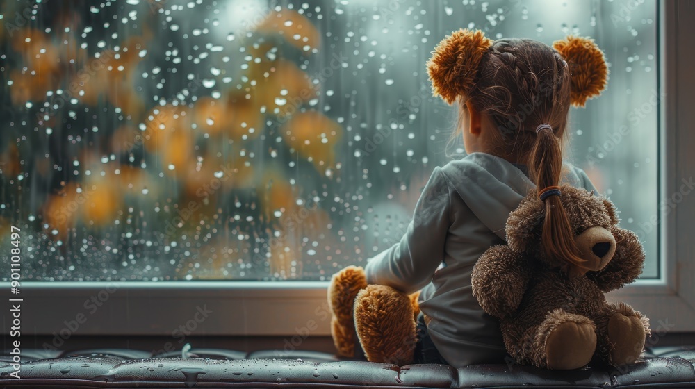 Sad girl cuddle teddy bear sitting near window in the morning, alone ...