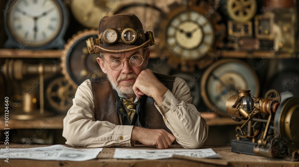 Steampunk portrait of an inventor, surrounded by blueprints and ...