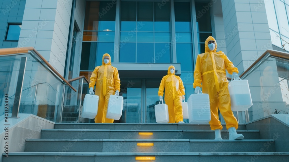 Team of pest control experts setting traps and bait stations around a ...