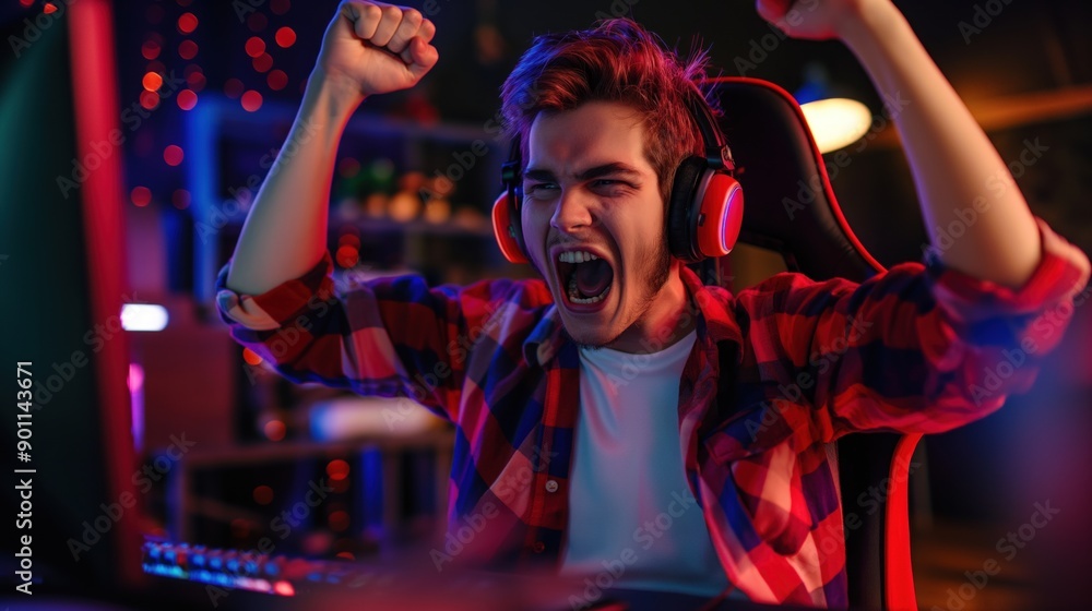 Gaming streamer celebrating a victory on stream, interacting with their ...