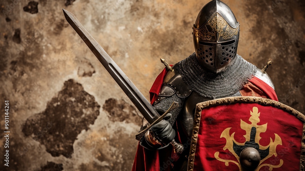 valiant knight in shining armor, holding a sword and shield, ready for ...