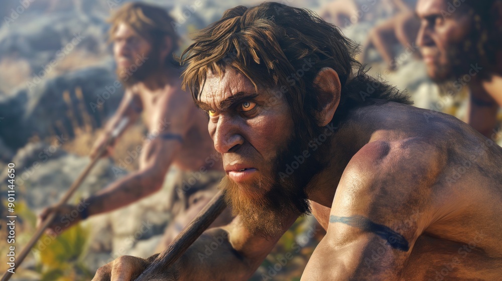 Team of cavemen ancient hunters around 10000 BC, deeply engaged in ...
