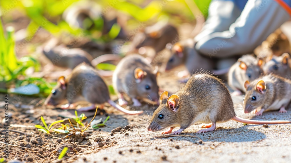 Team of pest control experts setting traps and bait stations around a ...