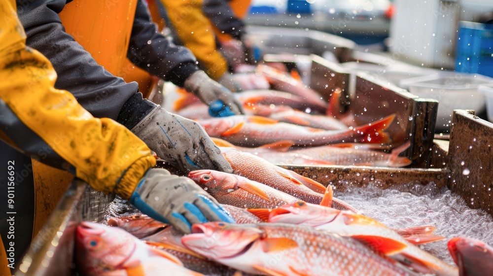 Workers handling freshly caught fish at a busy seafood market ...