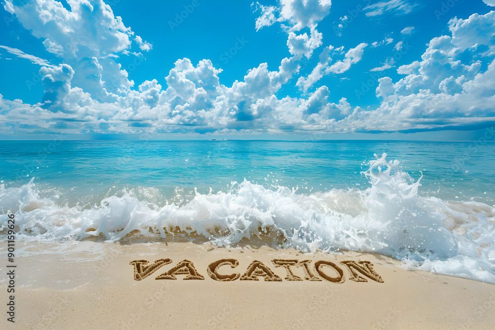 Sunny beach with 'VACATION' written in the sand as waves crash in ...