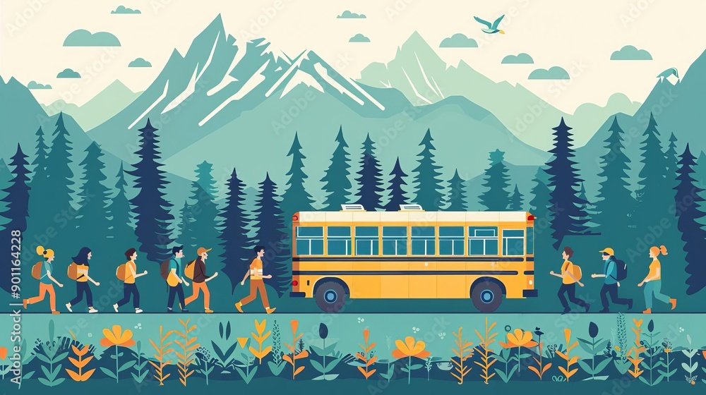 Flat design of a school bus on a field trip, with landmarks, excited ...