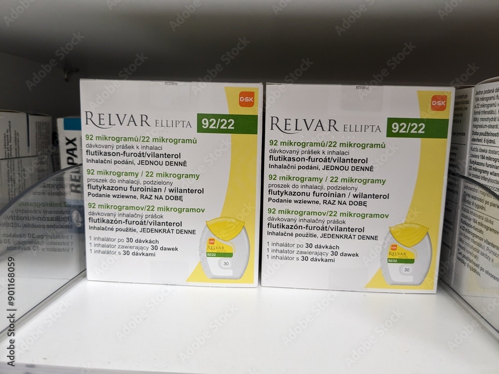 Prague, Czech Republic - July 9 2024: RELVAR ELLIPTA inhaler with ...