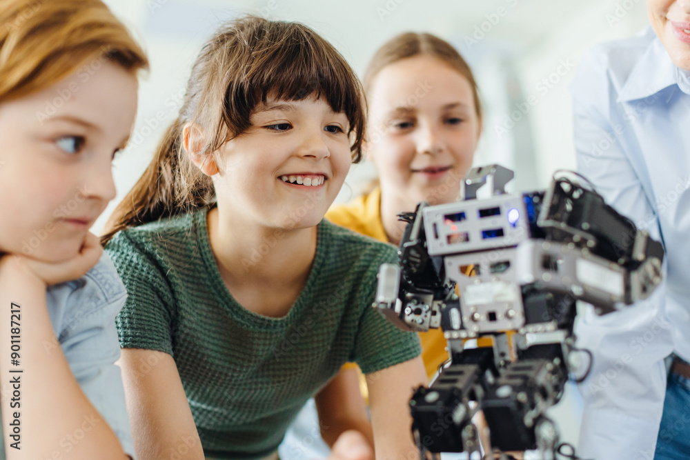 Children learning robotics in Elementary school. Young students ...