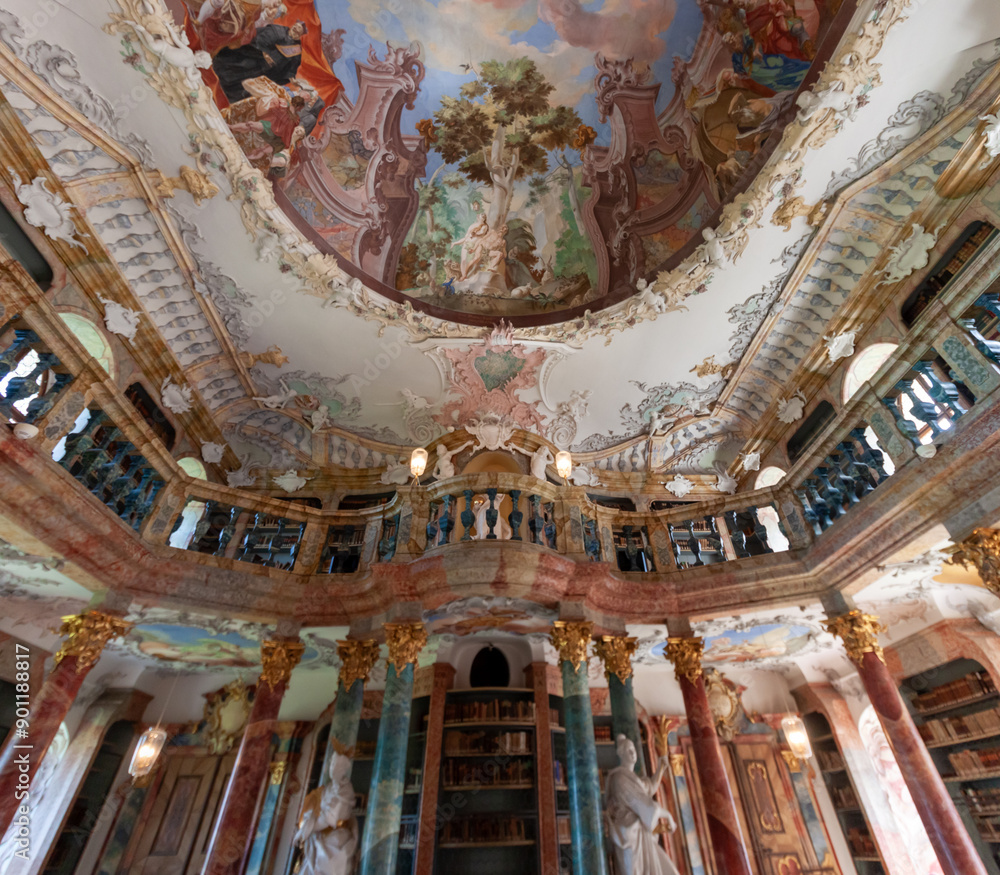 Rococo and baroque decors of the library in Wiblingen abbey, near Ulm ...