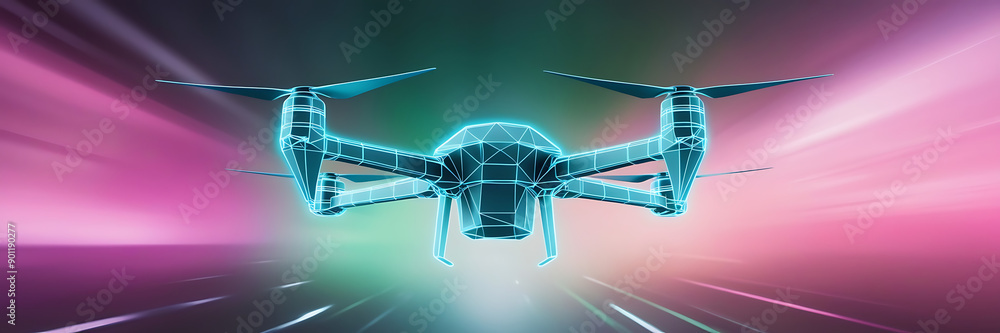 Hologram drone. A drone of polygons, triangles of points and lines ...