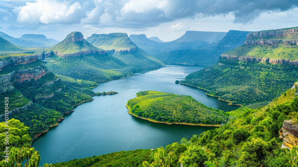 Stunning view of the Blyde River Canyon. The dam and mountains are ...