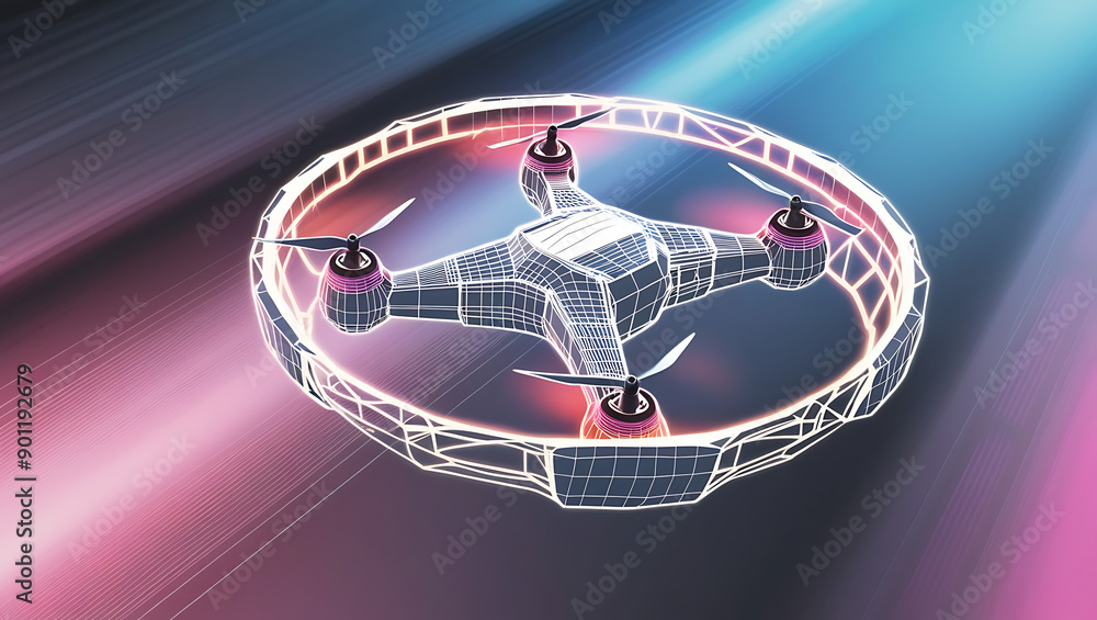Hologram drone. A drone of polygons, triangles of points and lines ...