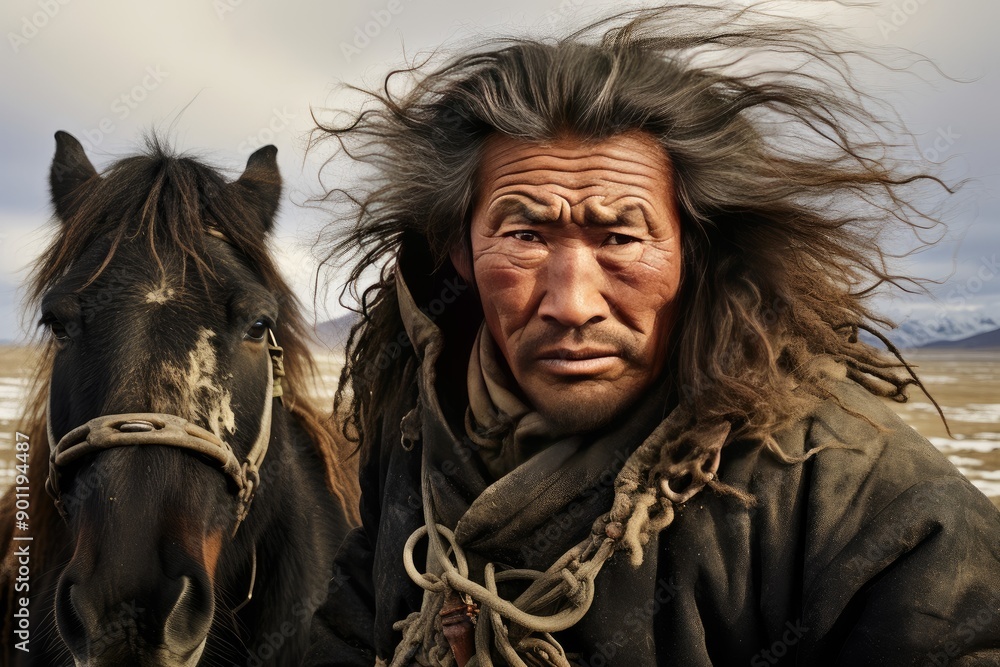 Stern-faced nomad with long hair stands with his horse in a barren ...