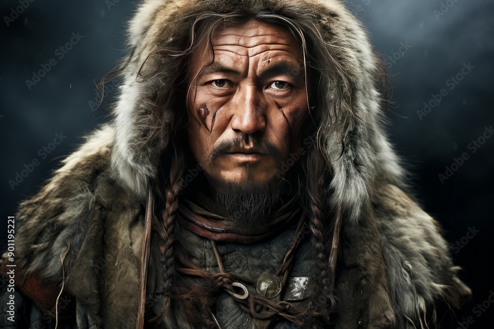 Close-up of a rugged warrior with traditional attire posing with a ...