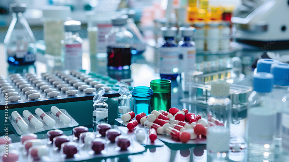 Side view of various tablets, capsules, ampoules, vials, test tubes ...